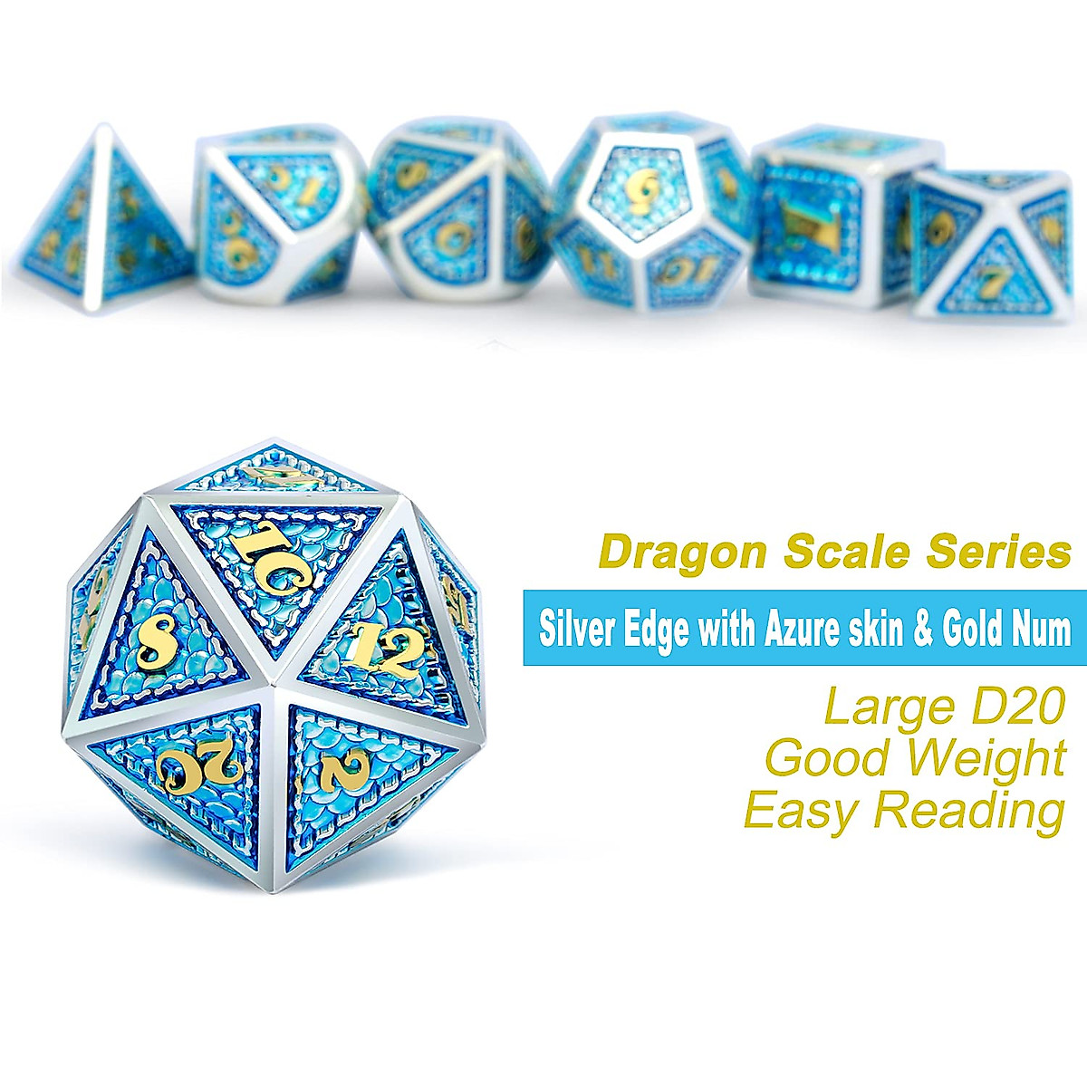 DNDND Dragon Skin Metal Dice Set, 7 PCS Metallic D&D Die with Metal Tin for DND Game (Azure with Silver Edge)