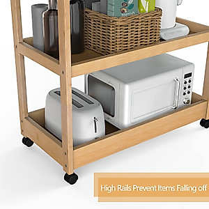 Purbambo Kitchen Storage Cart on Wheels, 3 Tier Bamboo Rolling Cart, Mobile Utility Cart for Home, Kitchen, Dining Room, Coffee Bar