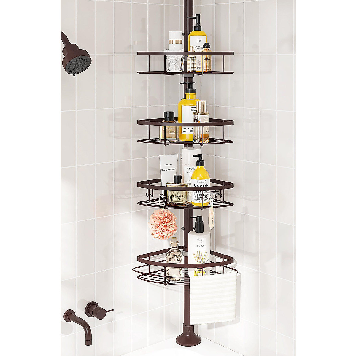 SEIRIONE Rustproof Shower Corner Caddy Organizer for Bathroom,Tension Pole with 4 Baskets, for Bathtub Storage Rack,39.2 to 113 Inch Height, Bronze