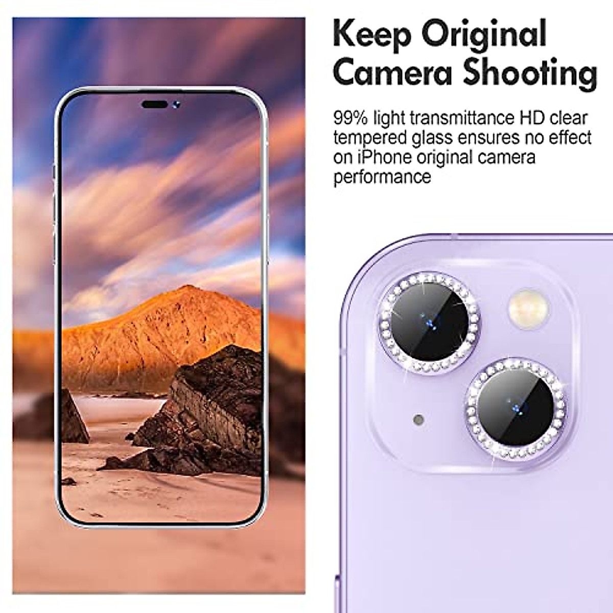 Xfilm for iPhone 14 / iPhone 14 Plus Camera Lens Protector Bling, 9H Hardness Scratchproof Camera Screen Cover Metal Individual Diamond Ring for iPhone 14 Accessories, Case Friendly (Purple Diamond)