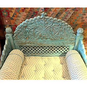 Carved Jhula Arch Love Seat. Hand Crafted from Solid Mahogany Wood. Designed & Imported by Worldcraft (Blue Percentage Finish, Love Seat: 34Dx33Wx42H)