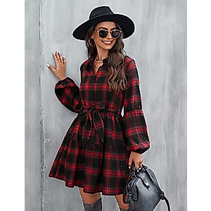 Blooming Jelly Womens Plaid Dresses Fall Long Sleeve Dress Trendy Ladies Dress Mini Babydoll Dresses with Tie Waist (Large,Red)