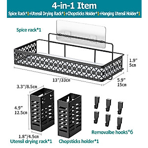 Tamomic Hanging Spice Rack Wall Mount, Over Stove Spice Organizer Shelf with Wall Hanging Utensil Holder 6 Hooks for Kitchen, Black