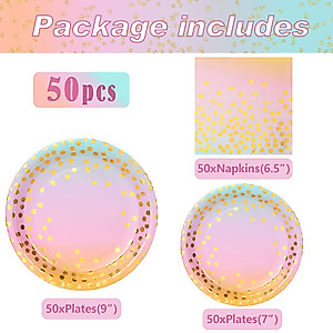 Boocikey 150PCS Pastel Rainbow Plates and Napkins Party Supplies Golden Dot Pastel Paper Plates Disposable for 50 Guests Pastel Rainbow Party Decorations for Pastel Party Decorations