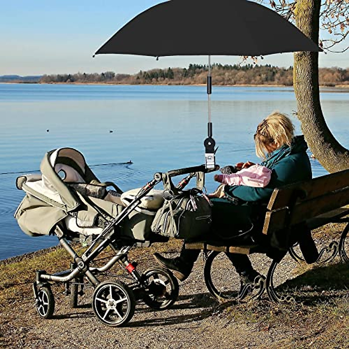 LFDecor Chair Umbrella with Clamp, Adjustable Beach Universal, UV Protection Sunshade for Patio, , Stroller, Sport, Wheelchair and Wagon, black, 21.7 inch
