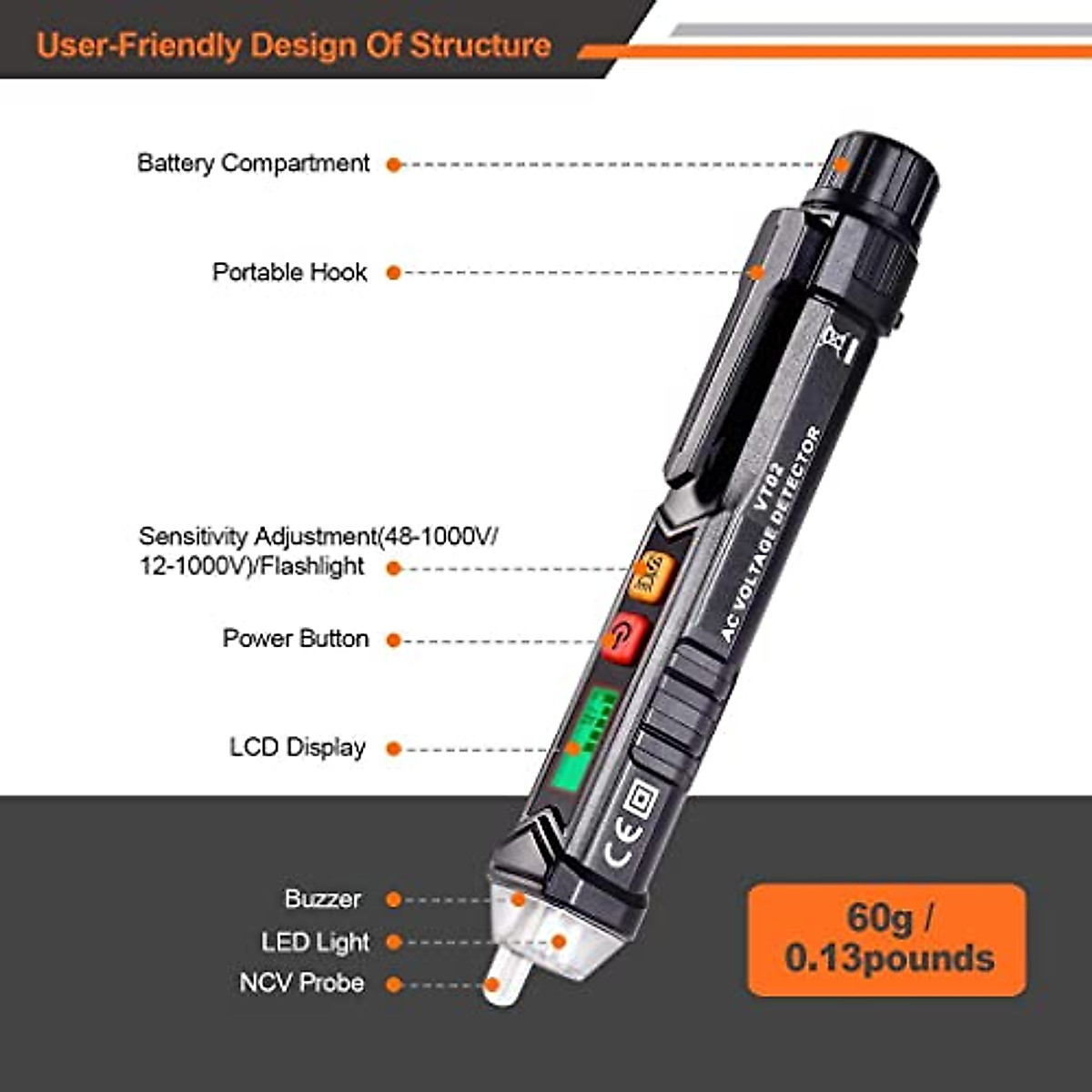 Non-Contact AC Voltage Tester with Adjustable Sensitivity, LCD Display