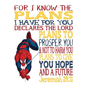 Superhero Christian Nursery Set of 4 Unframed Prints - Captain America, Hulk, Ironman and Spiderman with Bible Verses