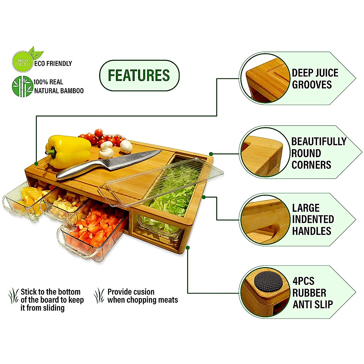 HEY PANDA Organic Bamboo Cutting Board With Containers and Lids 13pc set. Use as a Meal Prep Station. Designed with deep Juice Grooves, Handles, Rounded Corners and a Large Exposed Opening