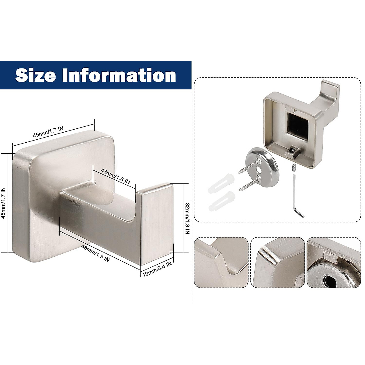 NearMoon Bath Towel Hooks -SUS304 Stainless Steel Square Clothes Robe Hooks Hanger, Heavy Duty Coat Hooks for Bathroom Livingroom Hotel Kitchen Garage, Wall Mounted - 3 Pack (Brushed Nickel)