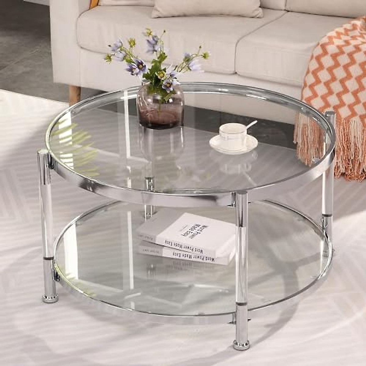 Round Coffee Table with Silver Metal Base, 2-Tier Acrylic Clear Glass Coffee Table with Storage Shelf, Center Table Modern Coffee Table Tea Table Cocktail Table Living Room Table, Circle Coffee Table