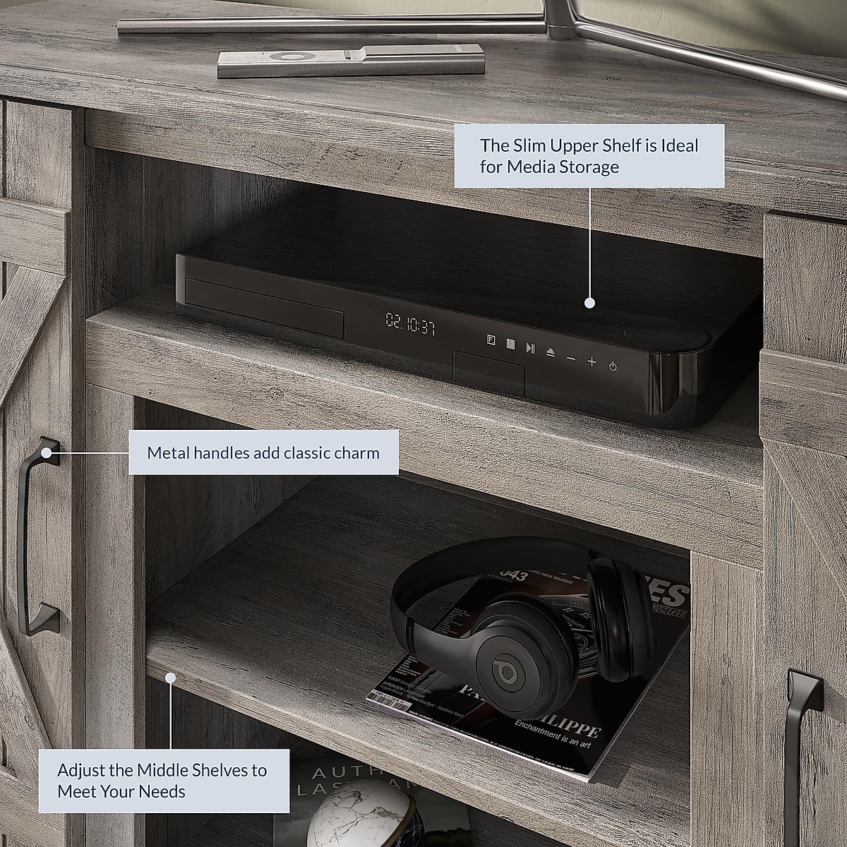 BELLEZE 47 Inch TV Stand & Media Entertainment Center TV Cabinet with Storage for TVs up to 50 Inch Console Table with Open Storage Shelves & Cabinets, Gray Wash