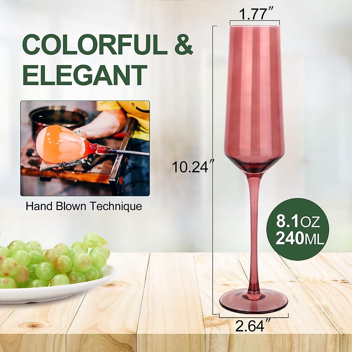 Yaschmo Colored Wine Glasses Set of 6 &Champagne Glasses Set of 6,Hand Blown Crystal Colored Glassware,Modern & Elegant for Friends,Family,Wedding,Anniversary,Christmas,Birthday