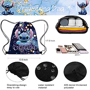 EMISOO Merchandise Stuff Gift Set, Stitch Anime Drawstring Bag, Keychain, Keychain Lanyard, Purse, Bracelets, Sticker, Button Pins (Black A)