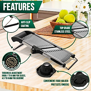 WENDERK Adjustable Stainless Steel Mandoline Food Slicer with Cut Resistant Gloves [Upgraded] - Professional Handheld Kitchen Mandolin Julienne Cutter to Slice Vegetables Fruits Chips French Fry