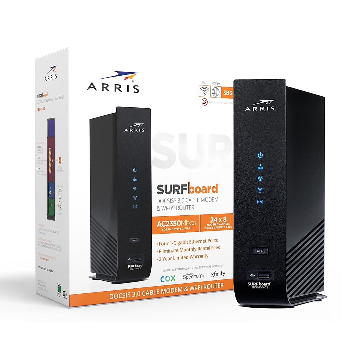 ARRIS Surfboard SBG7400AC2-RB DOCSIS 3.0 Cable Modem & AC2350 Wi-Fi Router , Approved for Comcast Xfinity, Cox, Charter Spectrum & more , Four 1 Gbps Ports , 800 Mbps Max Internet Speeds,- REFURBISHED