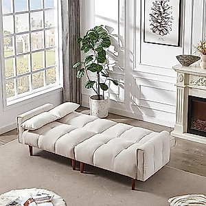 Antetek 81-inch Futon Sofa Bed, Modern Tufted Linen Fabric Convertible Sleeper Sofa Couch, Oversized Loveseat Sofa with 3 Adjustable Positions and 8 Wooden Legs for Living Room Office, Beige