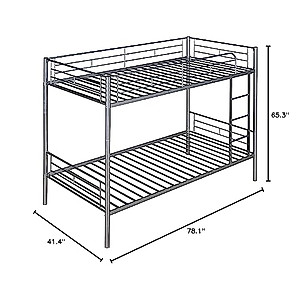 KELRIA Twin-Over-Twin Bunk Beds, Metal Bedframe Durable Steel Constructuin, Safety Ladder Rungs and Guard Rail, for Bedroom, Dormitory, Kids/Teens/Adults, (Sliver)