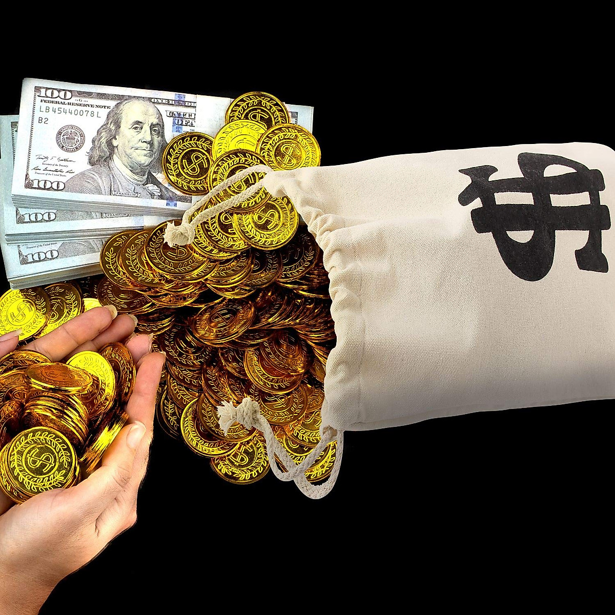 YAROMO 4 Pieces Robber Costume Set, Include Canvas Dollar Sign Money Bags Bandit Eye Mask Knit Beanie Cap for Halloween Cosplay Burglar Theme Party