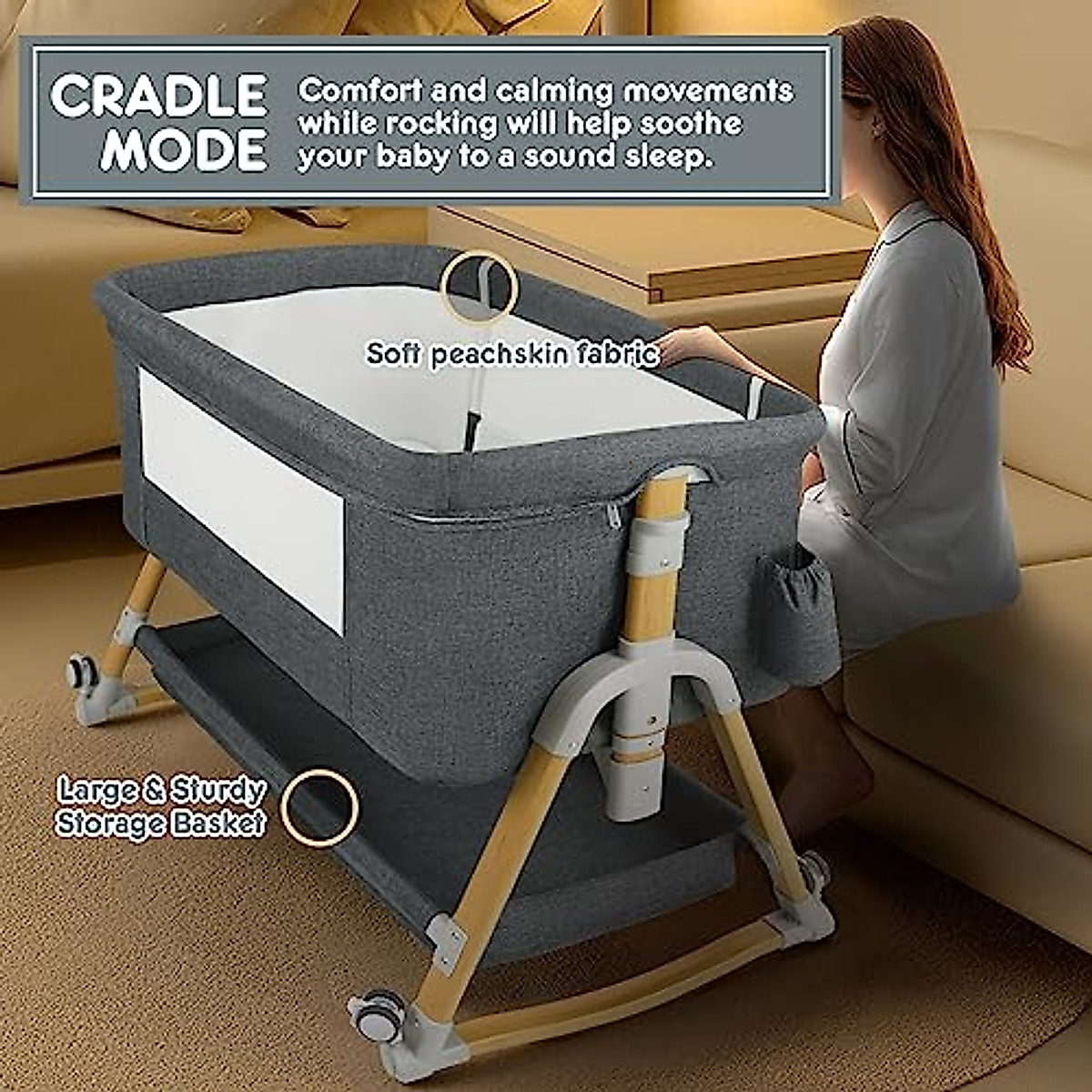 HARPPA Baby Bassinet Bedside Sleeper (Diaper Changing Station + Mosquito Net Included), Adjustable Bedside Crib with Storage, Converts to Cradle and Cosleeper, Portable, Easy Folding. Grey