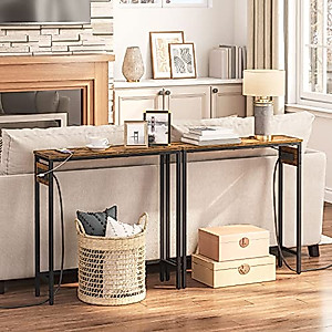 HOOBRO 2 Pack Narrow Console Table with Outlets, 29.5" Small Entryway Table, Thin Sofa Table, Side Table, Display Table, for Hallway, Bedroom, Living Room, Foyer, Rustic Brown and Black