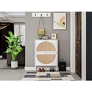 Natural Rattan Shoe Cabinet with 2 Flip Drawers, Entrance Hallway Slim Entryway Shoe Organizer, White Shoe Rack Storage Cabinet for Modern Heels, Boots, Slippers