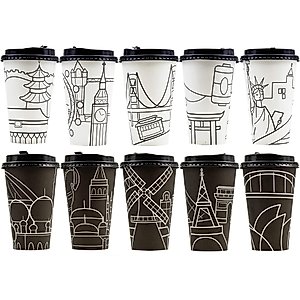 Youngever 70 Sets Disposable Coffee Cups with Lids, To Go Hot Coffee Cups, Durable Paper Cups with Lids, City Skyline Design
