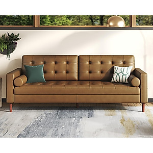AMERLIFE Genuine Leather Sofa, Mid-Century Modern Leather Couch,3 Seater with Tufted Back, Comfy Sofa for Living Room-Brown Full Grain Leather Couch