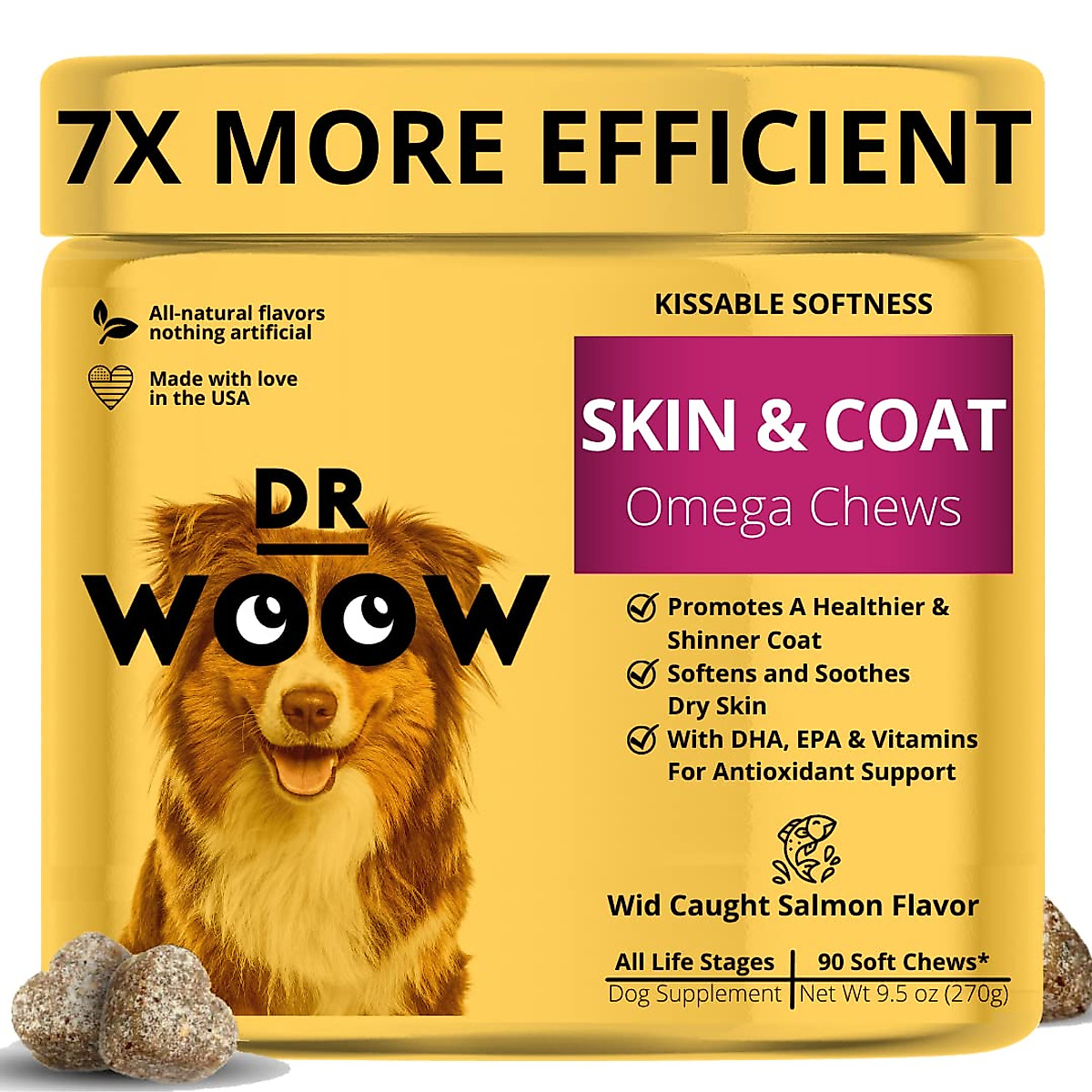 Dr Woow Omega Wild Alaskan Salmon Fish Oil 90 ct Soft Chews for Dog - Anti Itch & Coat + Allergy Support, with Kelp, Biotin, Vitamins, Zinc - Helps Itchy Skin, Dog allergies, May Reduce Shedding