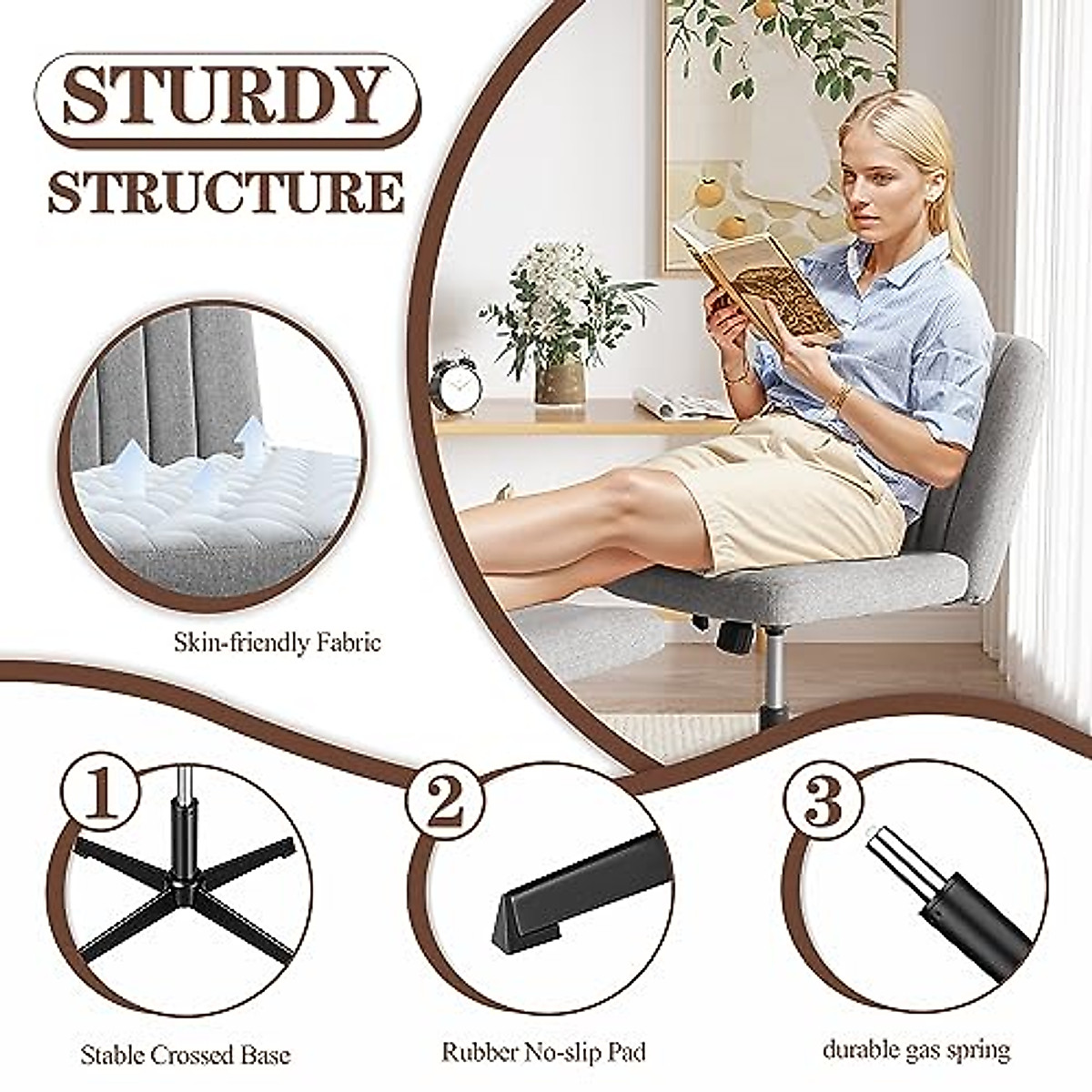 Kemon Armless Desk Chair No Wheels with Ottoman, Cross Legged Fabric Home Office Chairs, Height Adjustable Padded Wide Seat, Modern Swivel Computer Task Chair for Living Room, Grey