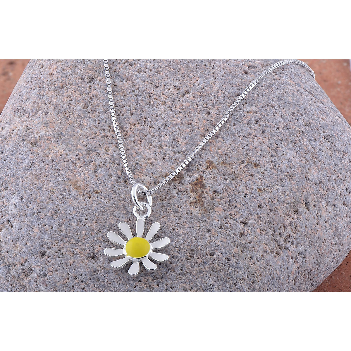 Sterling Silver Ladies Yellow White Enamel Daisy Flower Necklace for Women