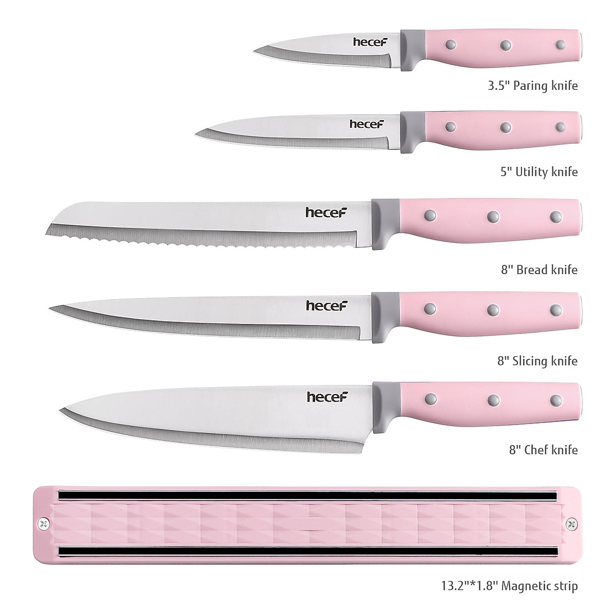 hecef Kitchen Knife Set with Magnetic Strip, 6 pcs Professional Knives Set for Kitchen, 13-inch Magnetic Strip Stainless Steel Sharp Chef Knife Set with Pink Handle for Cutting Meat & Vegetable