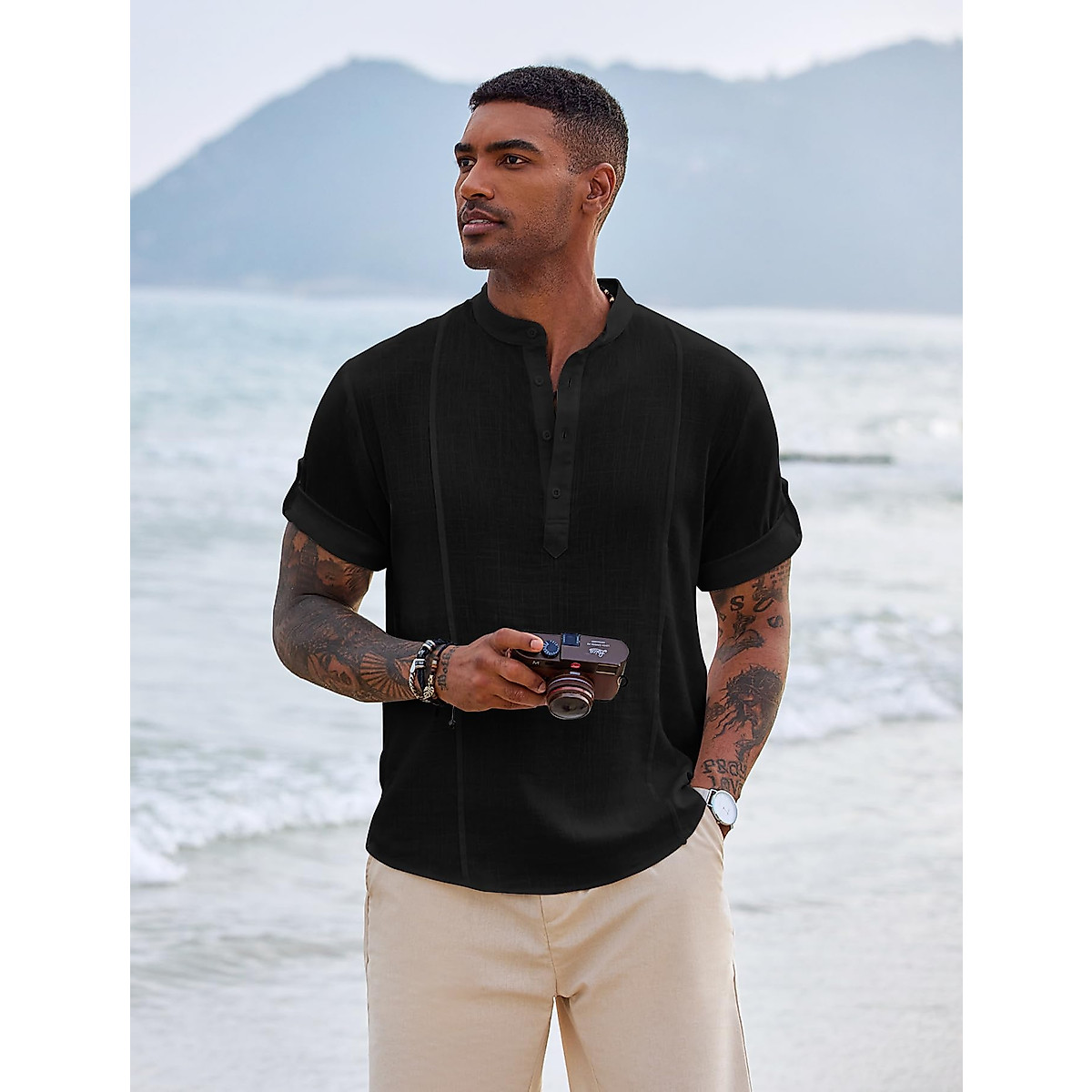 COOFANDY Men's Henley T-Shirts Short Sleeve Casual Band Collar Black Shirts Fashion Linen Tee Summer Beach Hippie Party Wear