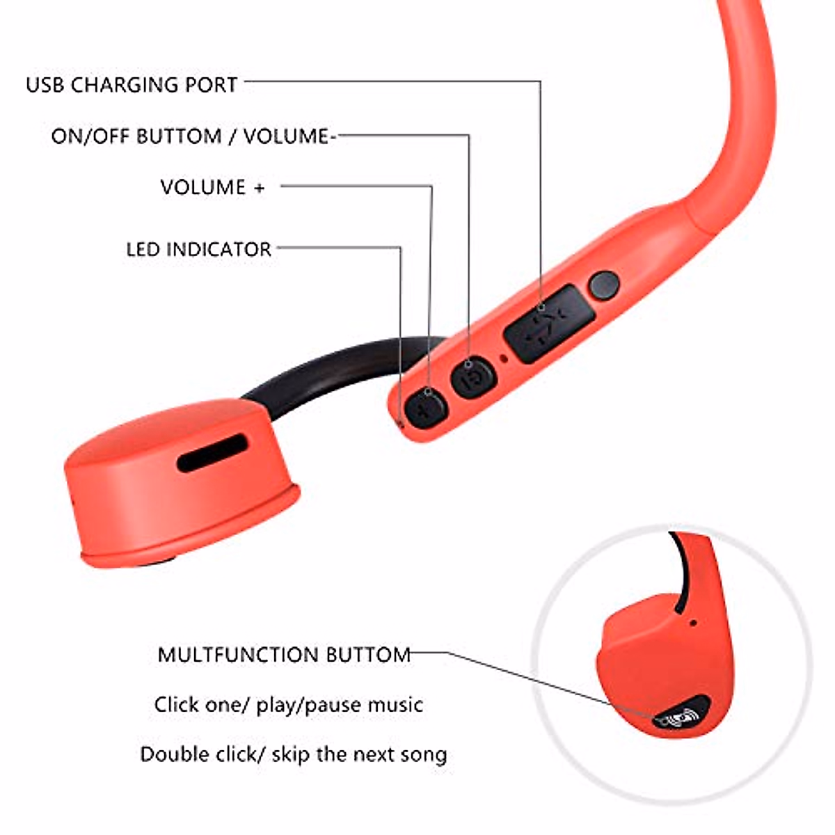 Open Ear Wireless Sport Bluetooth Headphones with Mic, Headset Earphone, Long Battery and Ultra-Lightweight (RED)