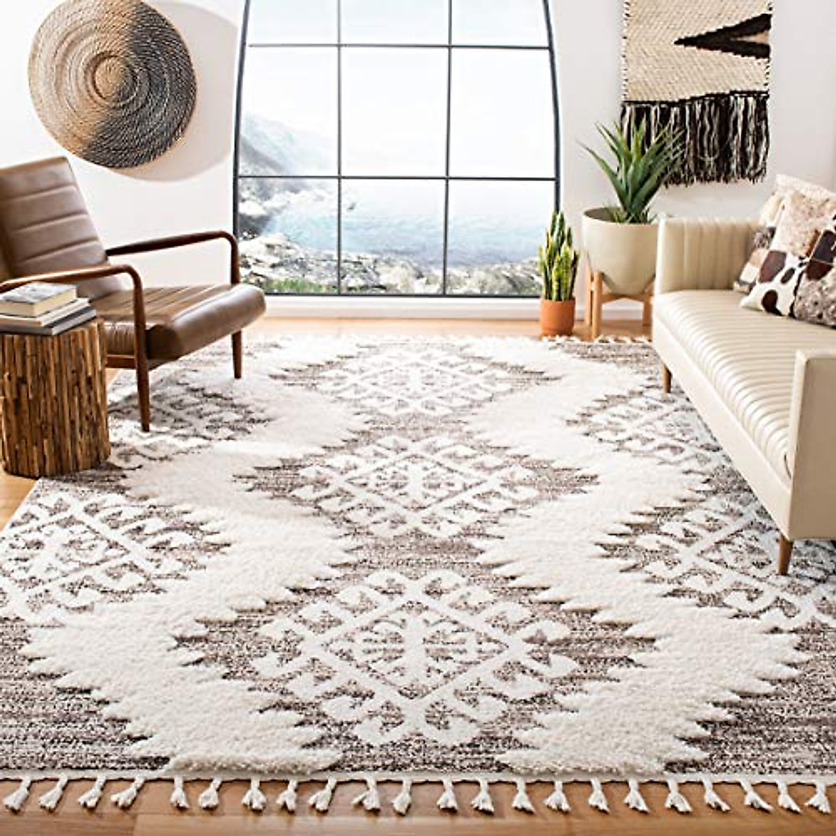 SAFAVIEH Moroccan Tassel Shag Collection 8' x 10' Ivory / Brown MTS652A Boho Non-Shedding Living Room Bedroom Dining Room Entryway Plush 2-inch Thick Area Rug