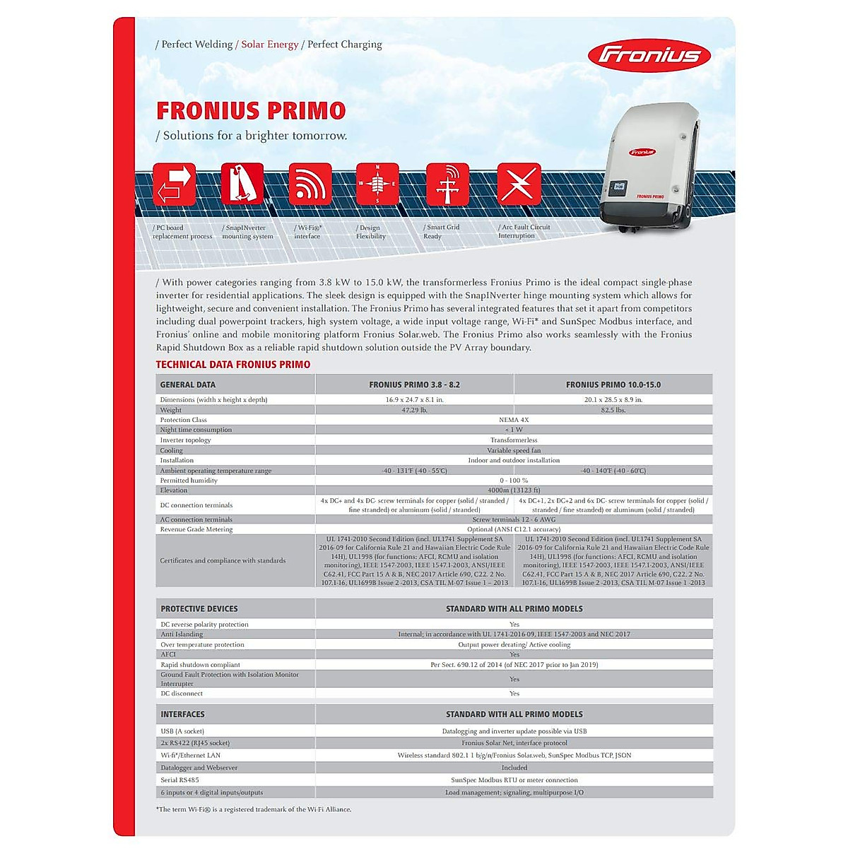 Fronius 4,210,063,800 Primo 5.0-1 Solar Inverter Grid-Tie 5000W - Single Phase - 2 MPPT - 208/240VAC, NEMA 4X Indoor/Outdoor