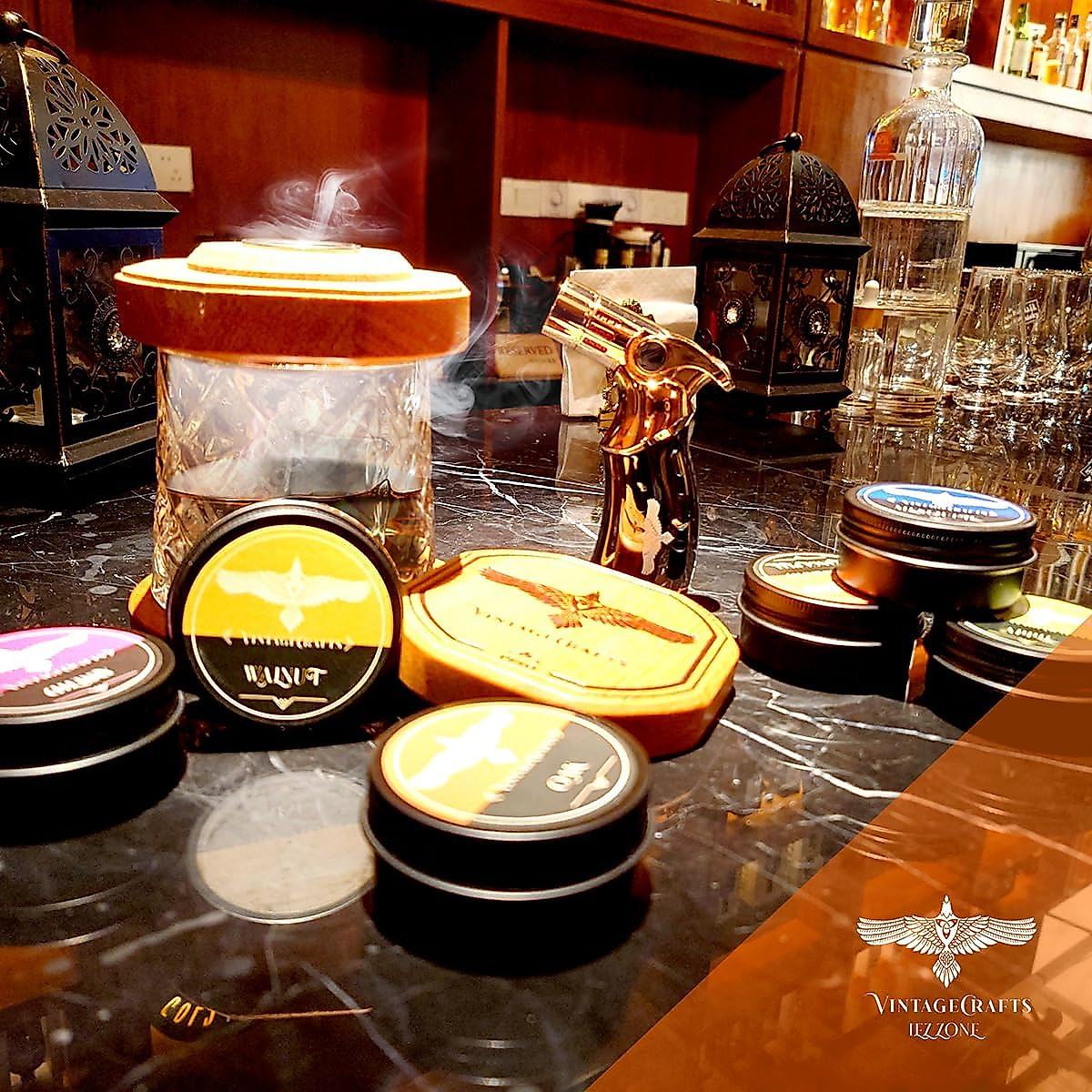 iEZZONE Cocktail Smoker Kit with Torch, Whiskey/Bourbon/Old Fashioned Smoker Kit with Torch,6 Flavor of Wood Chips,Orange/Apple/Oak/Cherry/Walnut/Mesquite,Birthday Gifts for Man,Husband,Dad(No Butane)