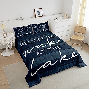 Lake Word Art Bedding Set Rustic Farmhouse Comforter Set for Kids Boys Girls Lake House Wooden Navy Blue Design Comforter Nautical Lake Quilt Room 3Pcs Full Size Boys
