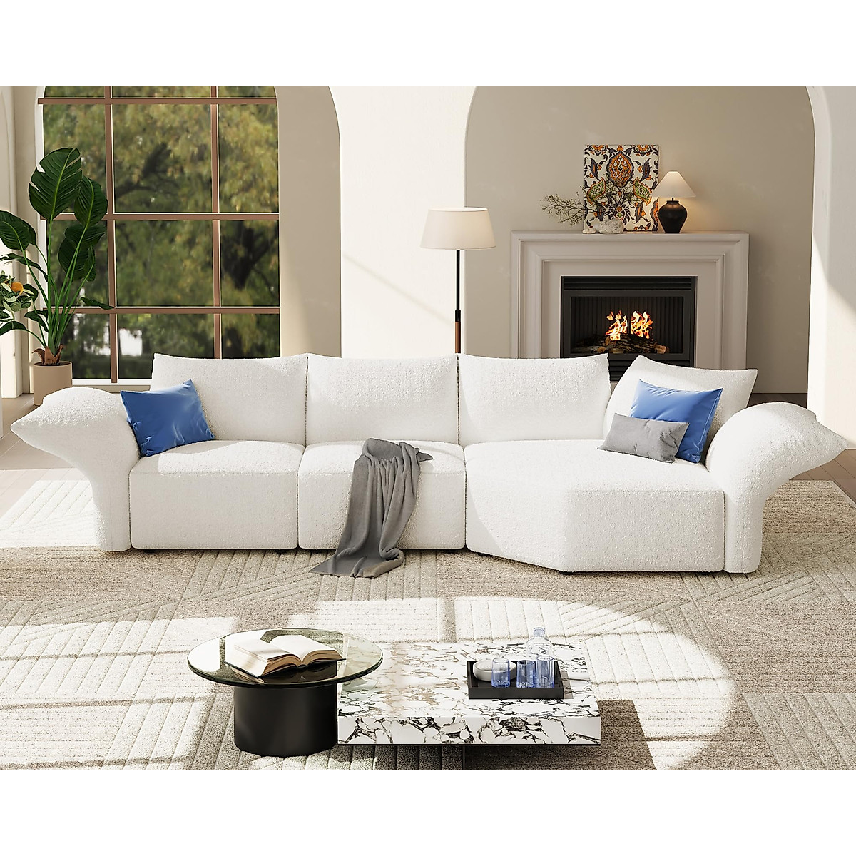 Jocisland 118 Inch Sectional Couch, 3 Seats Modular Sectional Sofa- Adjustable Arm and Backrest, Modern Sofa- Comfy Couches for Living Room, Off-White Bouclé