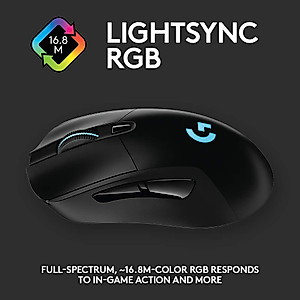 Logitech G703 Lightspeed Wireless Gaming Mouse W/Hero 25K Sensor, PowerPlay Compatible, Lightsync RGB, Lightweight 95G+10G Optional, 100-25, 000 DPI, Rubber Side Grips - Black (Renewed)