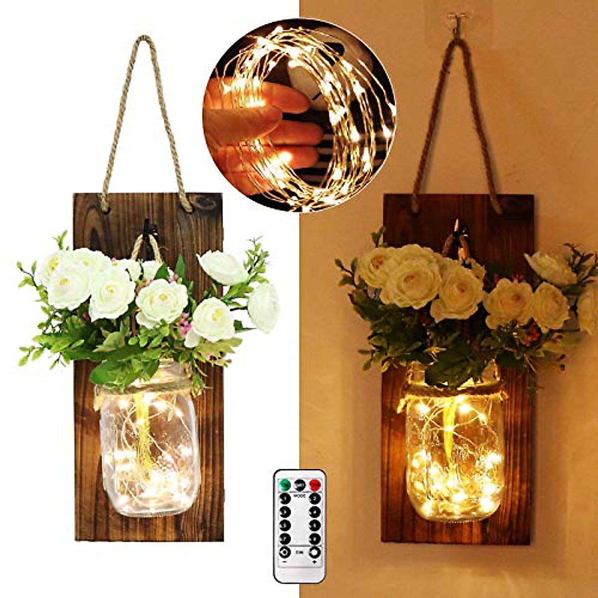 AerWo 2Pcs Mason Jar Sconces Wall Decor, Handmade Rustic Wall Sconces with LED Fairy Lights and Flowers, Hanging Mason Jar for Farmhouse Kitchen Decorations Wall Decor Living Room Lights