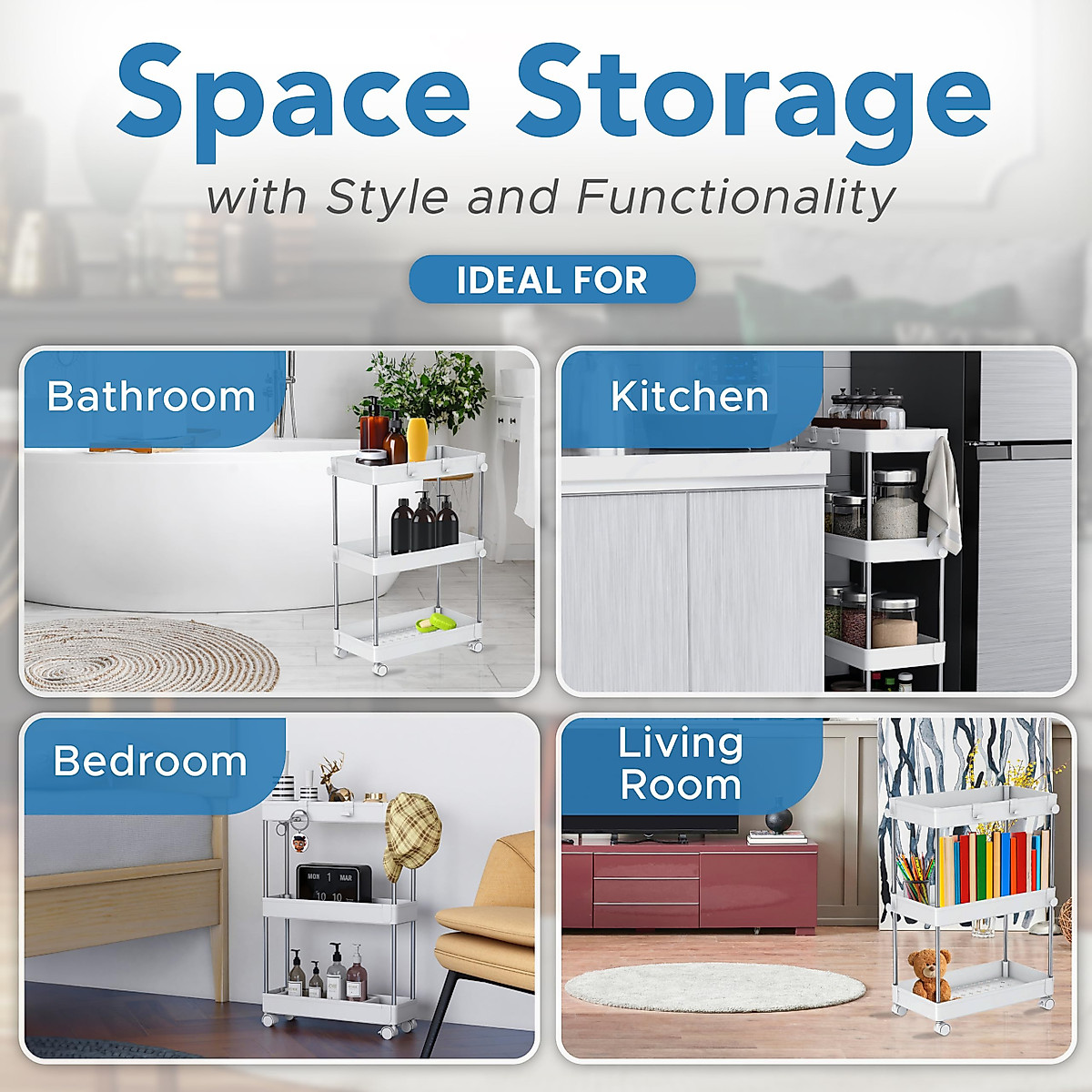 Minmallife MINMALLIFE 4 Tier Slim Rolling Cart - Slim Rolling Storage Cart - Slim Storage Cart with Wheels - Skinny Rolling Storage Cart - Slim Rolling Cart Space Saver, 40x13x85 cm