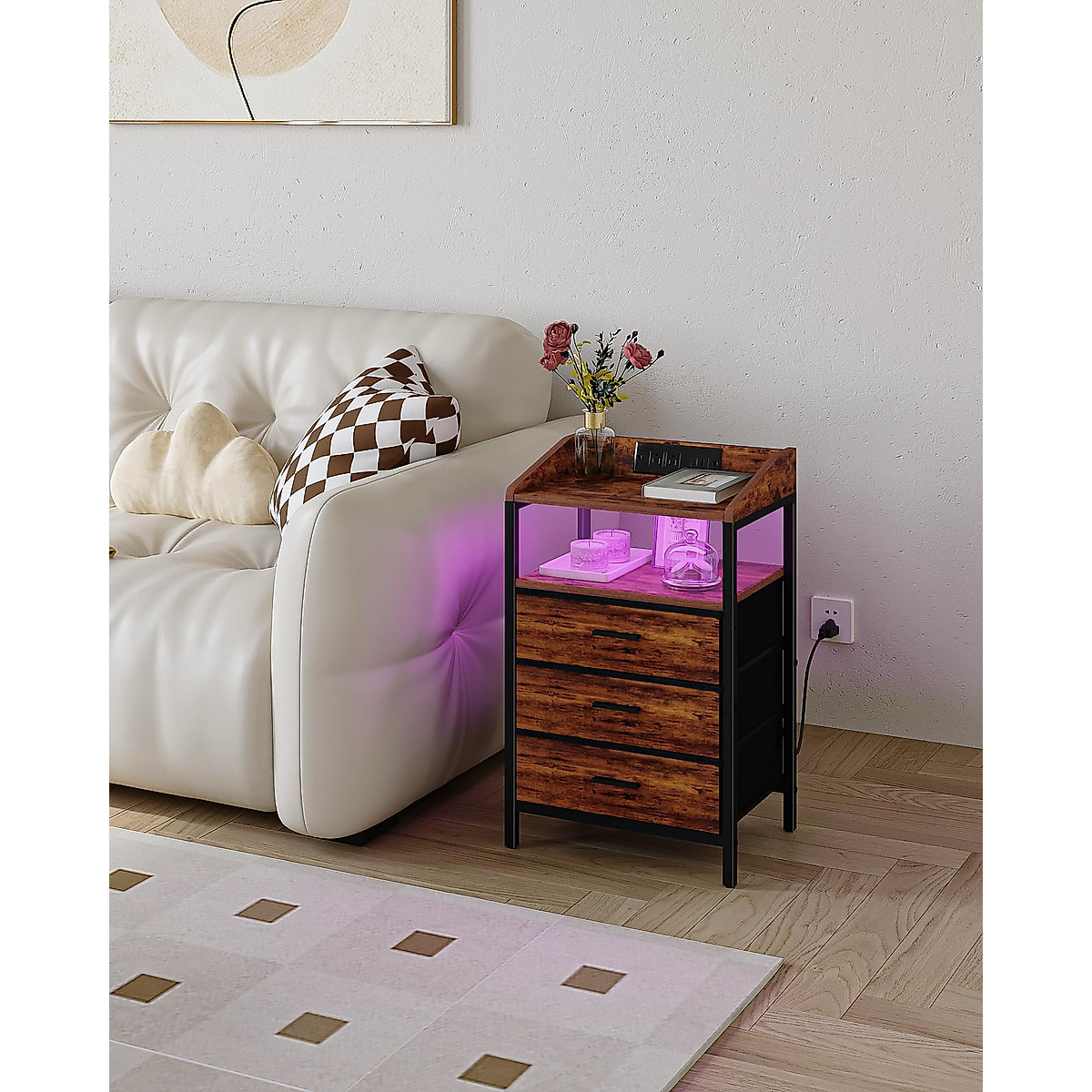 Hzuaneri Nightstands with LED Lights and Charging Station, End Table with 3 Fabric Storage Drawers and Shelves, Modern Side Table, Bedside Tables for Bedroom, Set of 2, Rustic Brown NS31101B