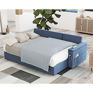 AMERLIFE 84 Inch Pull Out Couch, Tufted Sofa Bed with 2 USB Sockets & Cup Holders, L Shape Sectional Sleeper Sofa Bed with Storage Chaise- Linen Blue