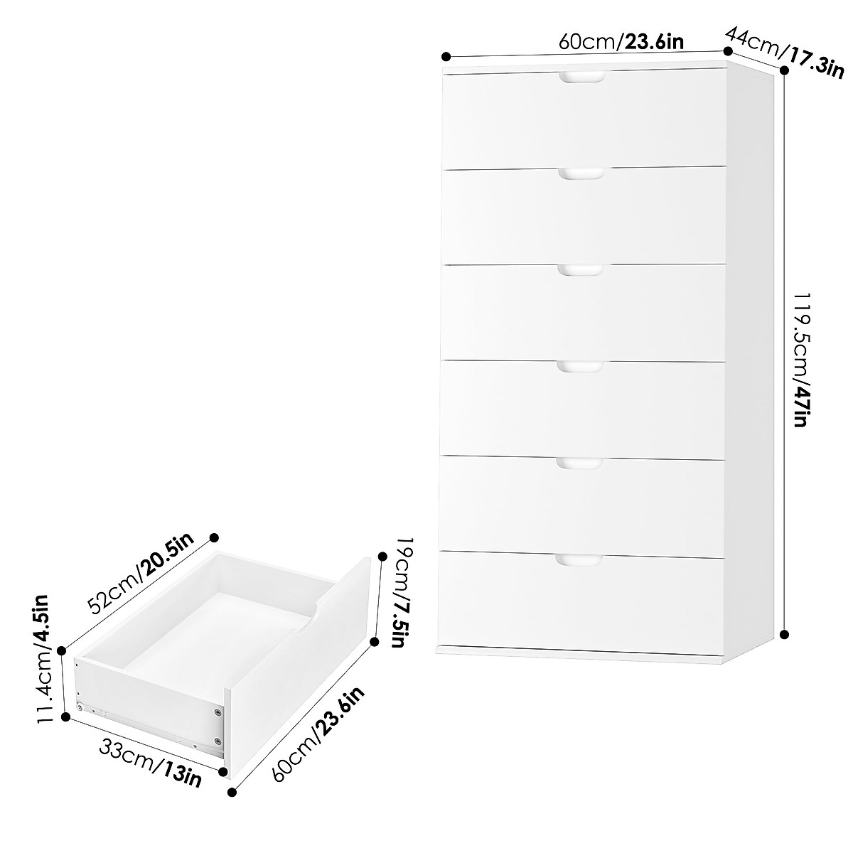 FOTOSOK Tall Dresser 47", White Dresser with 6 Drawers, Modern Chest of Drawers with Handless Design, 6 Drawer Dresser Verticle Dresser for Home & Office