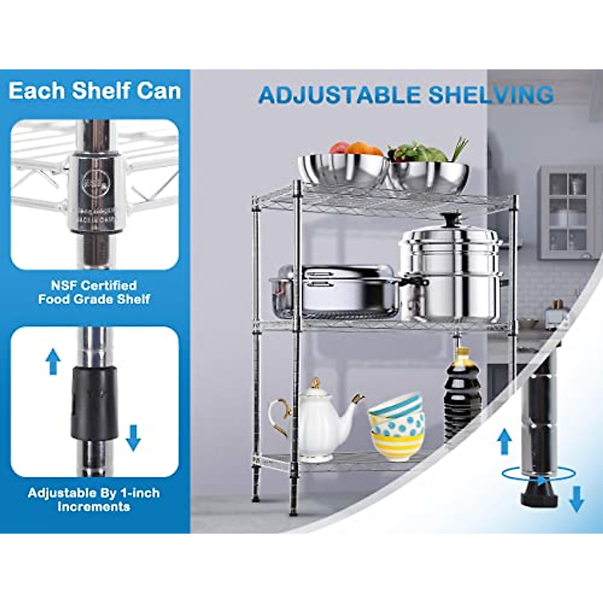 3-Tier Metal Shelving Adjustable Height 450Lb Capacity Small Wire Shelving Unit Solid Steel Storage Shelves Commercial Storage Rack for Kitchen Office Pantry Laundry (Chrome, 24"Lx14"Wx30"H)