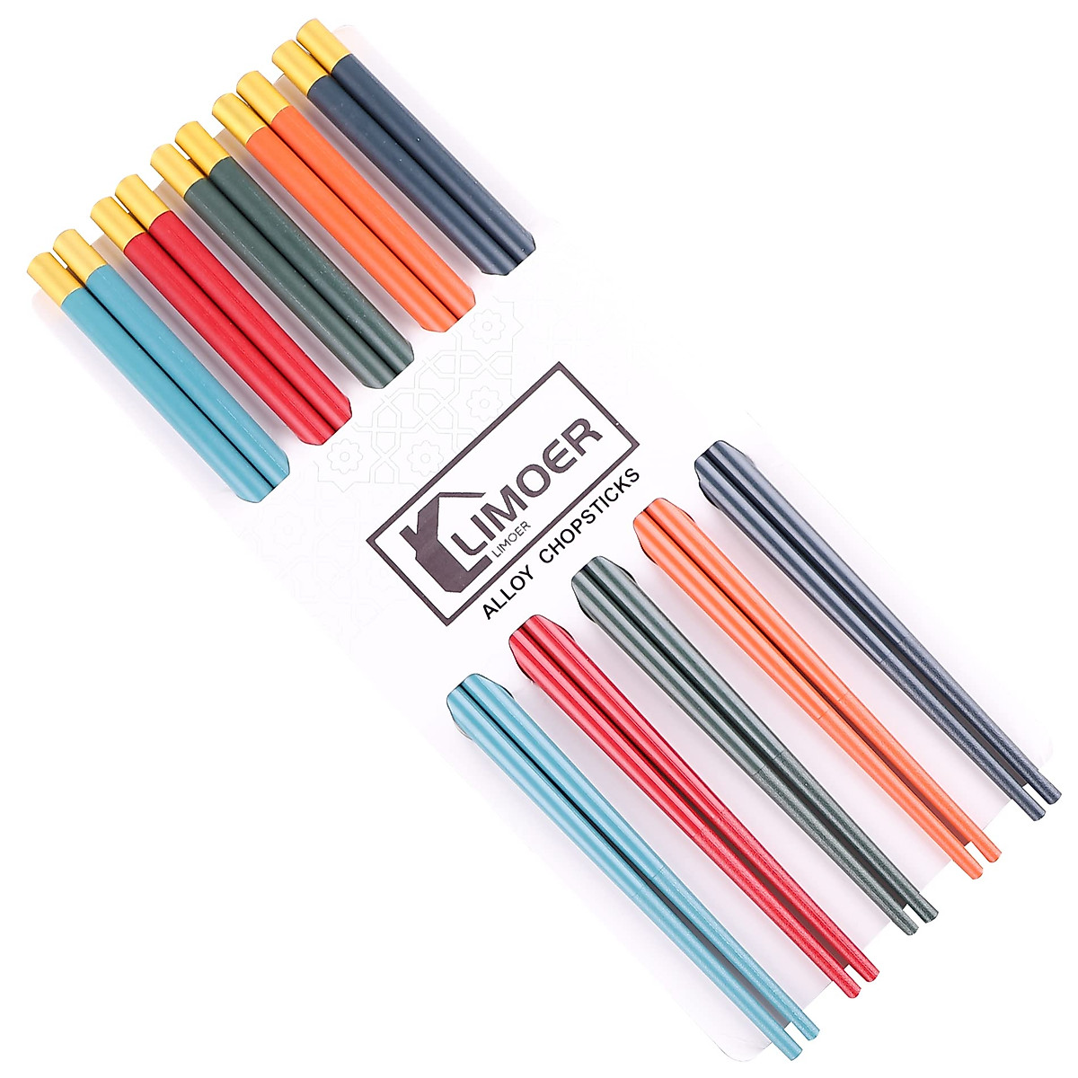 Limoer Reusable Chopsticks Non-Slip Chop Sticks Set Fiberglass Chinese Japanese Style, 5 Pairs Different colors 9.8 Inch, Multicolor (CP0001-9.8)