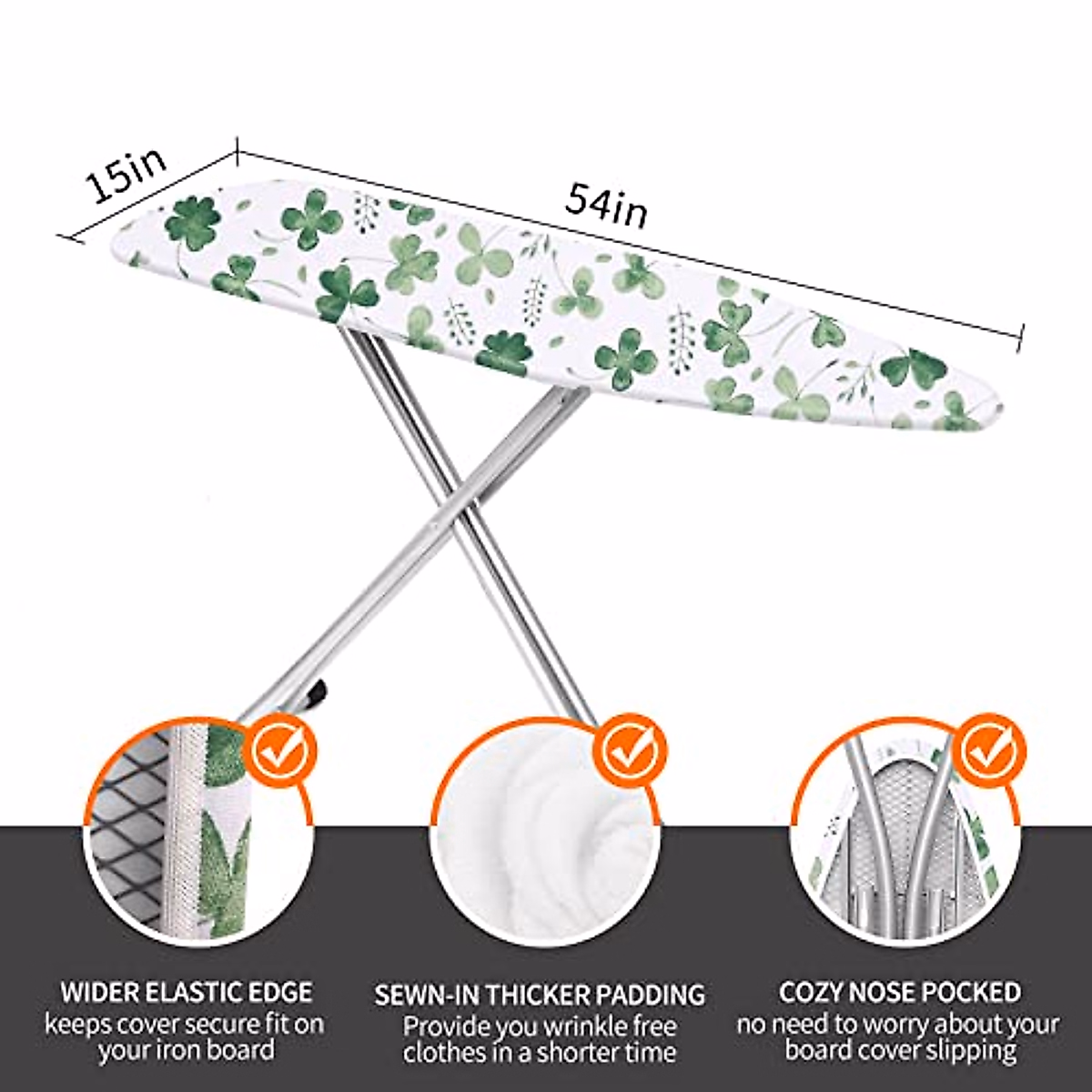 Ironing Board Cover and Pad, Heat Reflective & Stain Resistant Standard Full Size 15x54 Thick Padding Heavy Duty Iron Board Replacement Cover with Elastic Edge 4 Adjustable Fastener Straps