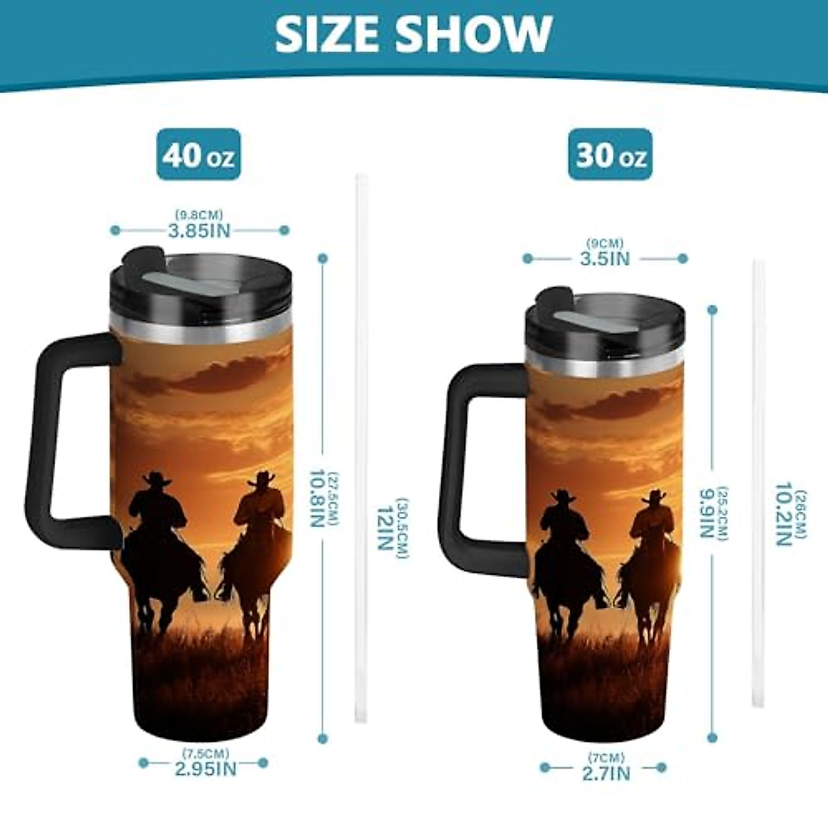 Flradish 30oz Tumbler with Handle, Desert Troops Cowboy under Sunset Stainless Steel Tumbler with Lid and Straws Double Wall Vacuum Insulated Leakproof Coffee Travel Mug