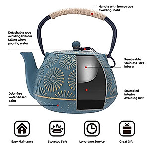 MILVBUSISS Cast Iron Teapot, Large Capacity 40oz Tea Kettle with Infuser for Stove Top, Sakura Design Japanese Tea Pot for Loose Leaf Coated with Enameled Interior, 1200ml Green