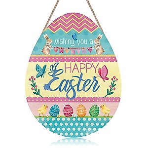 Colorful Happy Easter Door Sign Plaque(9.1''x11.8''), Easter Egg Rabbit Wooden Home Decor, Easter Outdoor Bunny Wall Sign Hanging for Easter Gifts